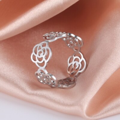 Fashion Simple Openwork Rose Surround Open Ring Stainless Steel Flower ...