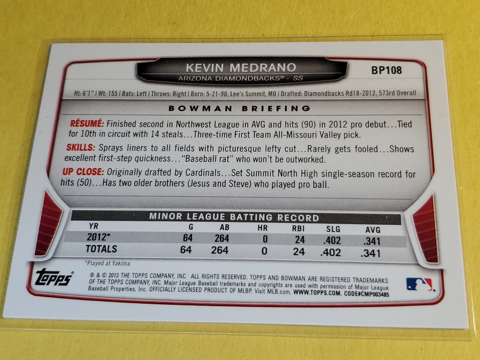 2013 Bowman Prospects Kevin Medrano Arizona Diamondbacks #BP108 | eBay