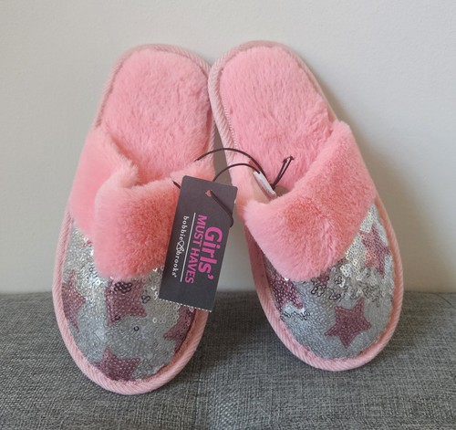 New Bobbie Brooks Silver Sequin Stars Pink Plush Slippers Girls Size S ...