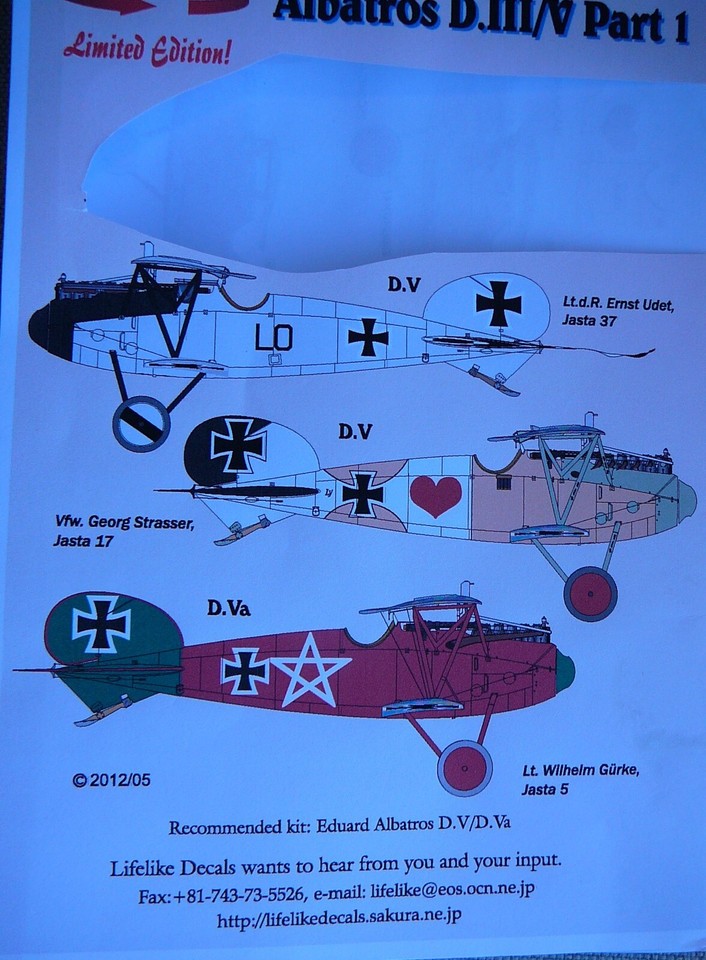 1/48 Lifelike Decal for Albatros D.III/V Pt 1 # 48-039 for 3 PILOTS ...