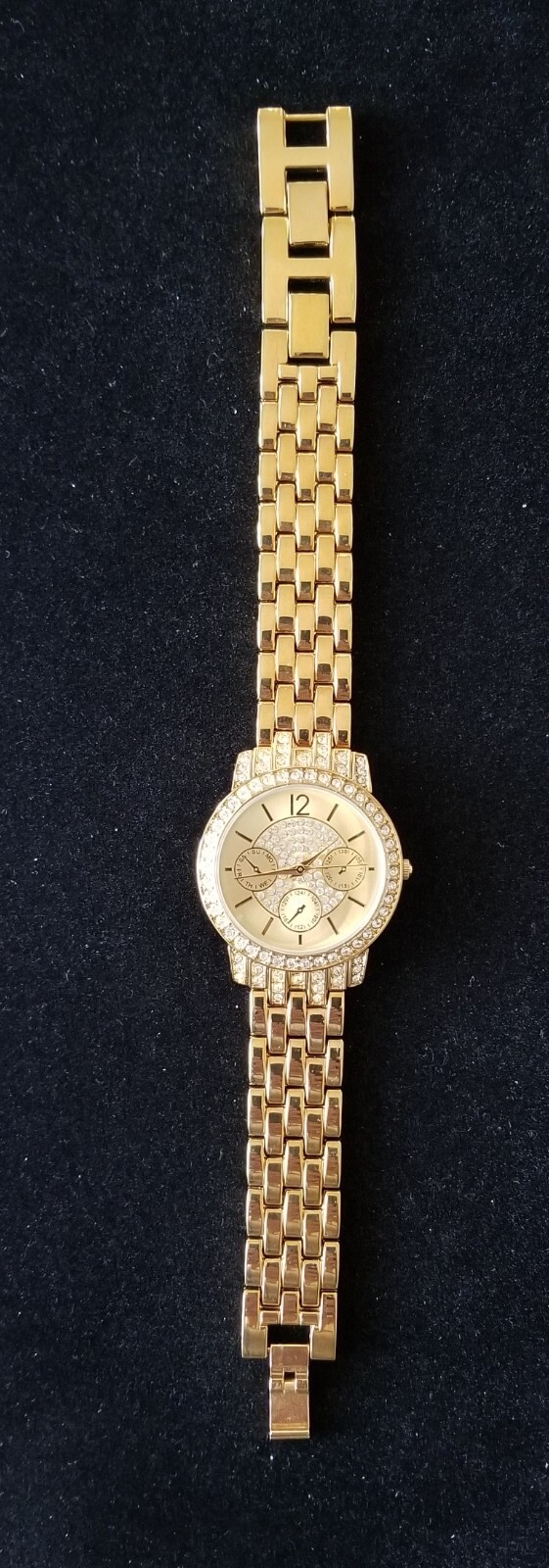 Avon Gold Tone Watch BR4 Swarovski Crystal Pave Dial 7.75" Max Size New ...