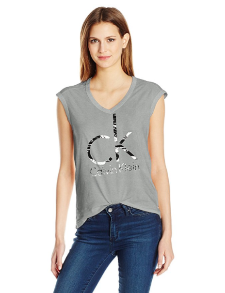 NWT CALVIN KLEIN JEANS CKJ Women Top BRUSHSTROKE FOIL LOGO V-NECK T ...
