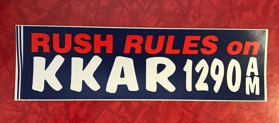 rush limbaugh RUSH RULES ON KKAR 1290 AM 1993 10" x 3" unused BUMPER ...