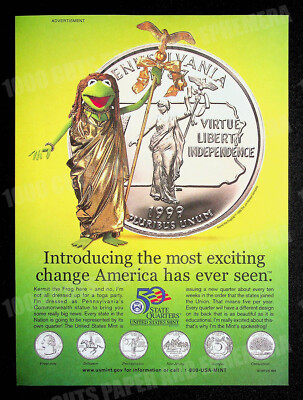 State Quarters Kermit the Frog PA DE NJ GA CT 1999 U.S. Mint Print ...