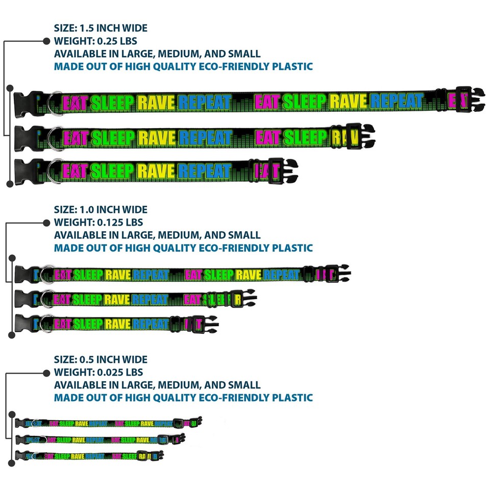 Plastic Clip Collar EAT SLEEP RAVE REPEAT Black/Multi Neon Large 15-24 ...