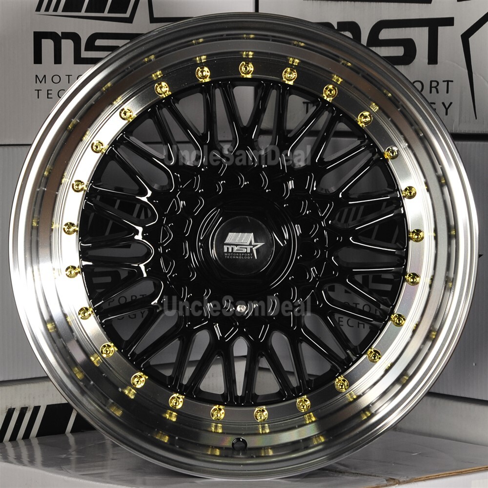 17x8.5 5x120 5x114.3 +30 MST MT13 BLACK MESH SILVER LIP GOLD RIVETS ...