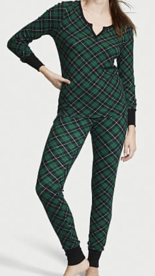 Victoria's Secret Thermal Pajama Size M Regular Set Green Plaid New | eBay