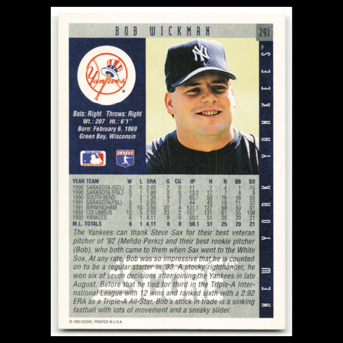 Bob Wickman Rookie #291 1993 Score New York Yankees Baseball Card MLB ...