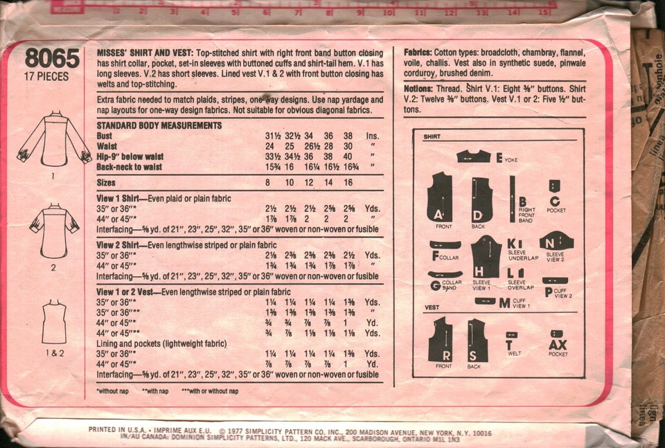 8065 Vintage Simplicity SEWING Pattern Misses Top Stitched Shirt Vest OOP Sew 10 | eBay