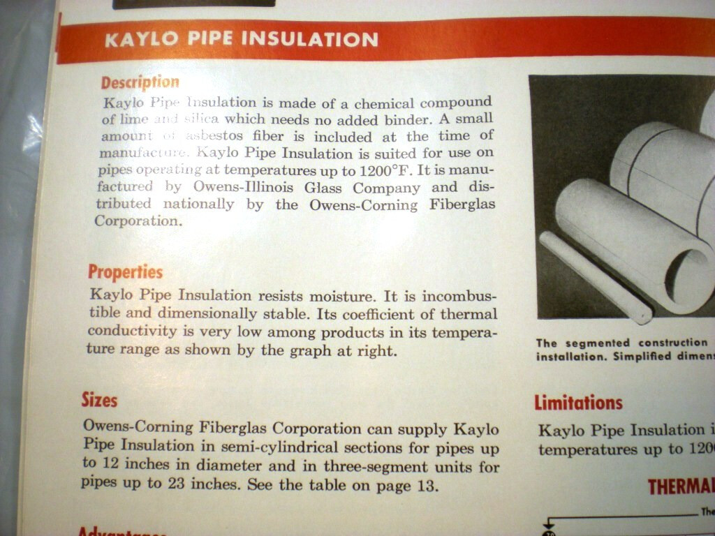 Owens-Corning Fiberglas KAYLO Pipe & Block Insulation Catalog ASBESTOS ...