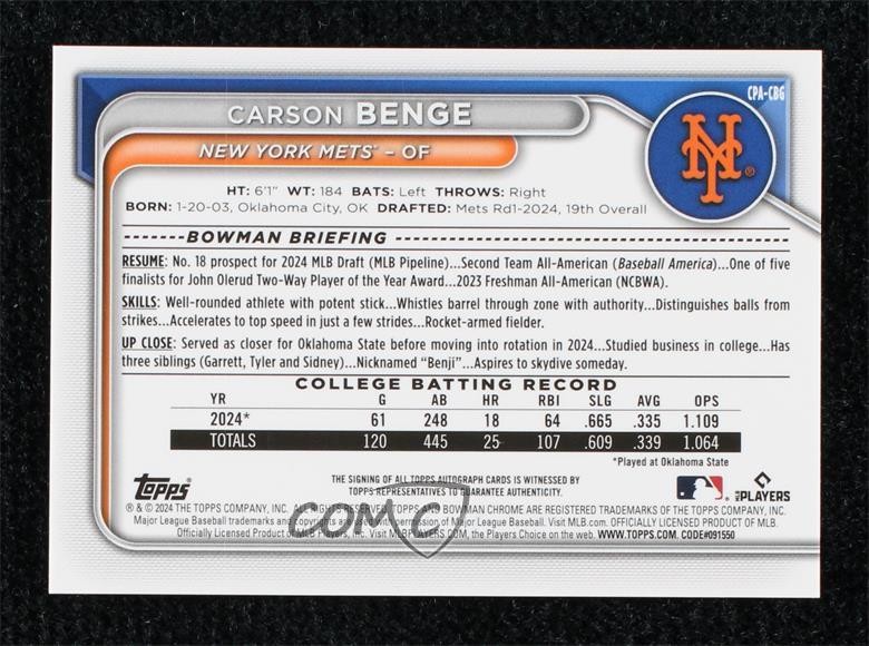 2024 Bowman Draft Chrome Prospect Auto Carson Benge #CPA-CBG Auto | eBay