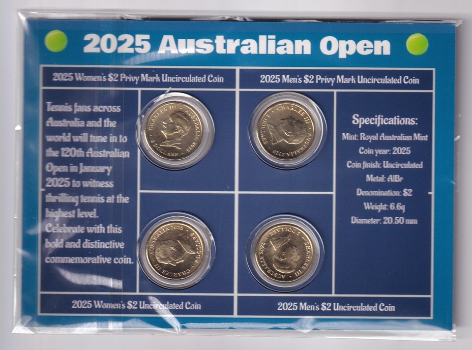AUSTRALIAN: 2025 4x $2 MENS & WOMENS PRIVY AND UNC AUS OPEN TENNIS ...