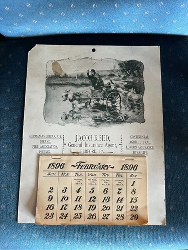 1896 BEDFORD PA CALENDAR Jacob Reed Insurance Agent 14" x 11" | eBay