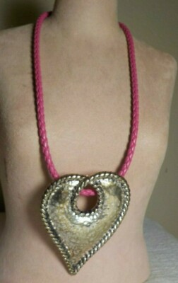 ROPE EDGED HEART PENDANT/ PINK LEATHER ROUND BRAIDED CORDING 15.75" L 3 ...