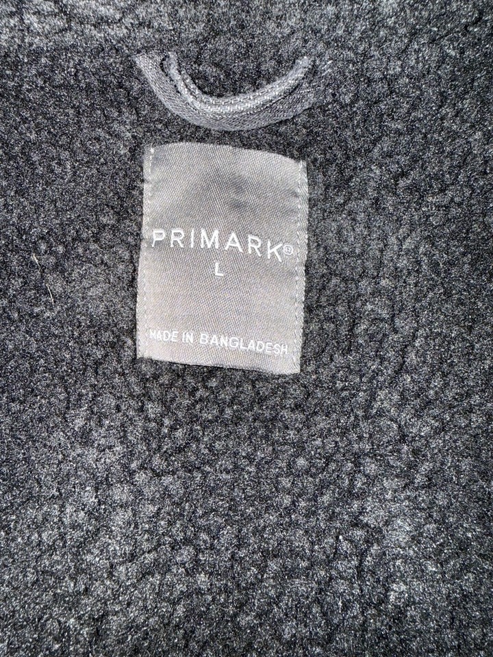 PRIMARK BLACK DENIM MENS LARGE JACKET FAUX SHERPA LINING METAL BUTTONS ...