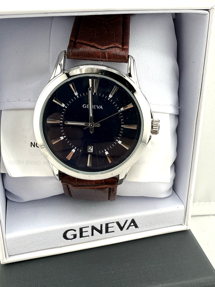 Geneva Diamond Men’s Watch, Blue Dial, Brown Strap,Silver Tones ...