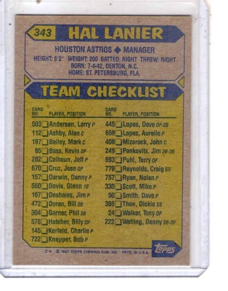 1987 Topps #343 Hal Lanier Houston Astros Manager baseball card | eBay