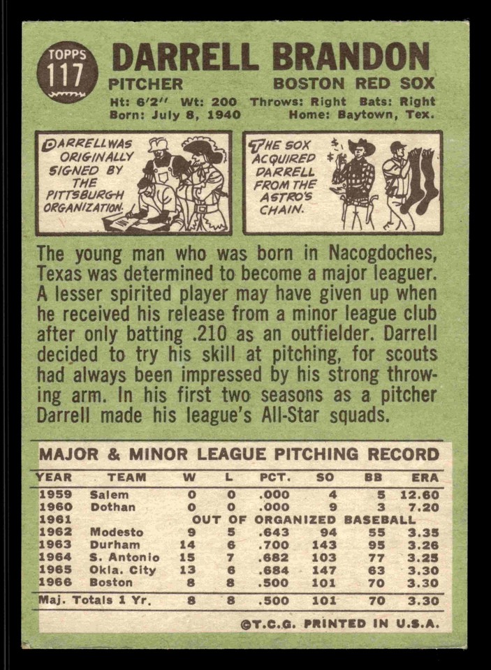 1967 Topps Darrell Brandon #117 - Boston Red Sox | eBay