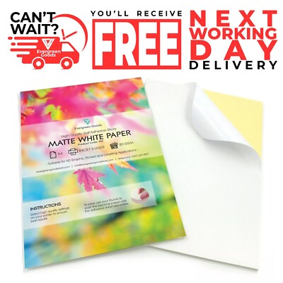 A4 White MATT Self Adhesive / Sticky Back Paper Sheet Sticker Printable ...