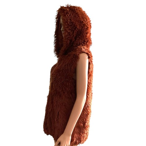 Angie Faux Fur Vest Brown Orange L Women Zip Hood Sleeveless Rustic ...