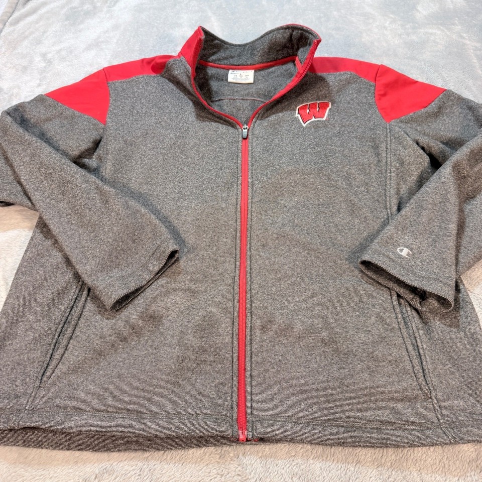 Champion Wisconsin Badgers Full Zip Fleece Jacket Gray Red Mens Large ...