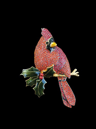 Vintage Joan Rivers Cardinal Pin Brooch Red Pave Crystal & Enamel Holly ...