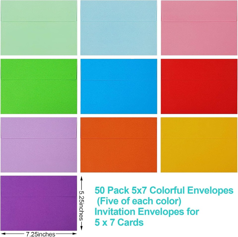 50 Pack Colored A7 Envelopes, 5x7 (5 x 7), Yellow,Orange,Green,Red,Pink ...