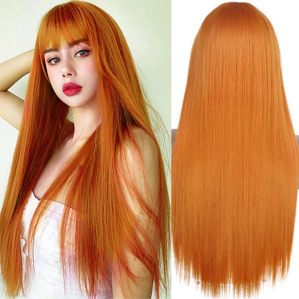 Women Long Sexy Orange Straight Wig With Bangs Straight Orange Wig ...