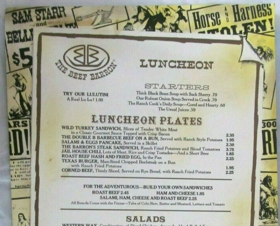Hilton Hotels Vintage The Beef Baron Restaurant Luncheon Menu 1969 | eBay