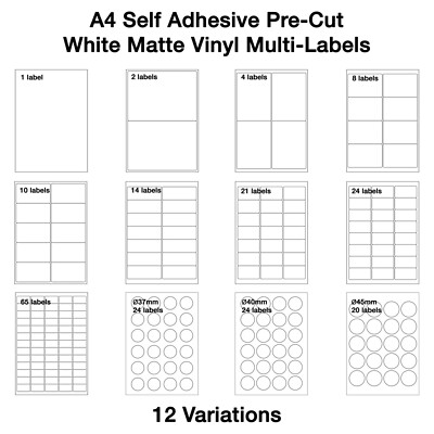 A4 Matte Vinyl White Pre-Cut Sticker Multi-Labels Sheet Inkjet ...