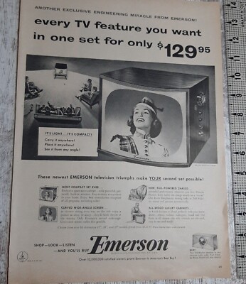 1954 Emerson Television Vintage Print Ad TV Compact Wide Angle Wood ...