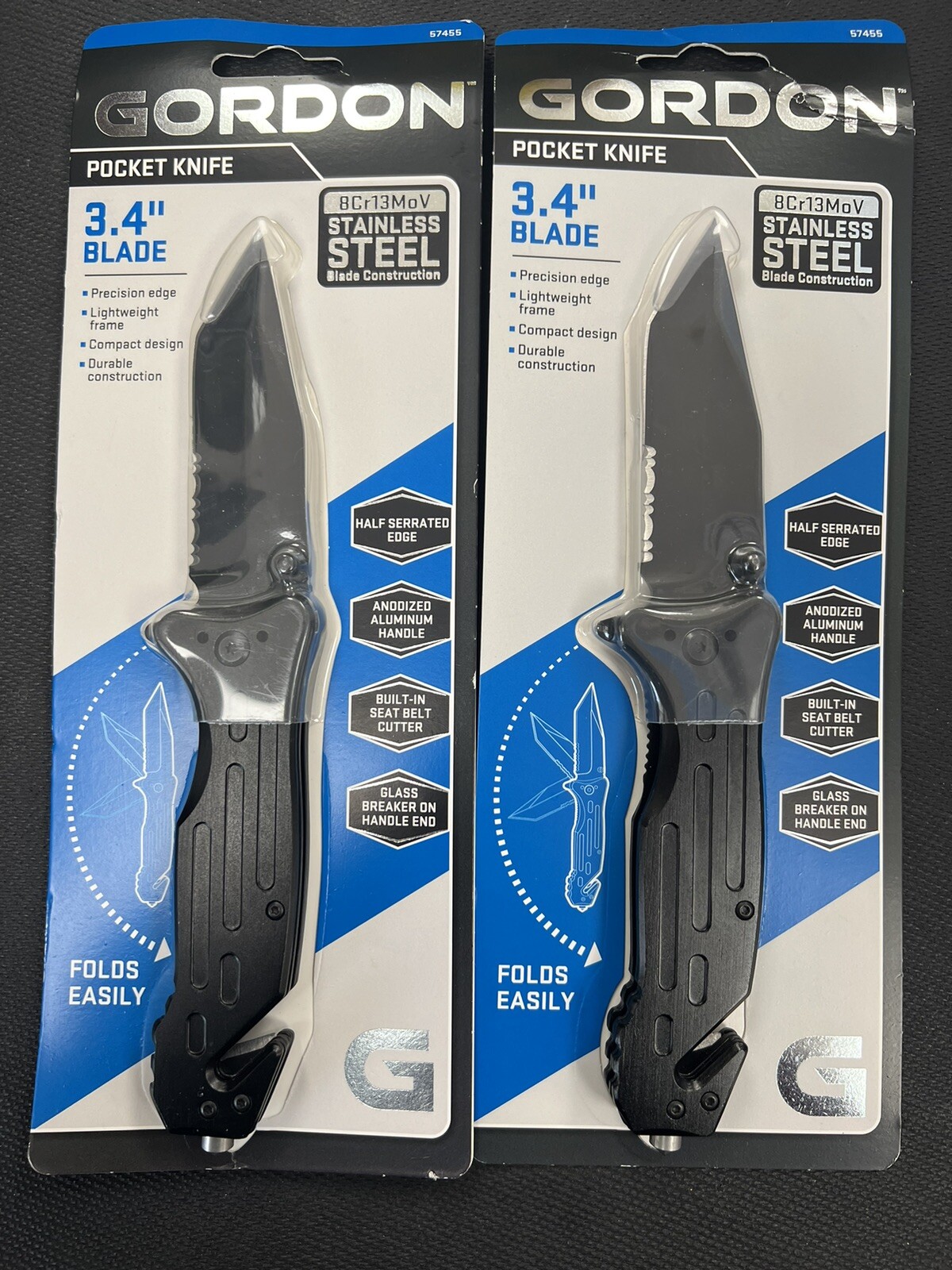 2 Gordon 3.4" Blade Tactical Folding Pocket Knife Stainless Steel Black ...