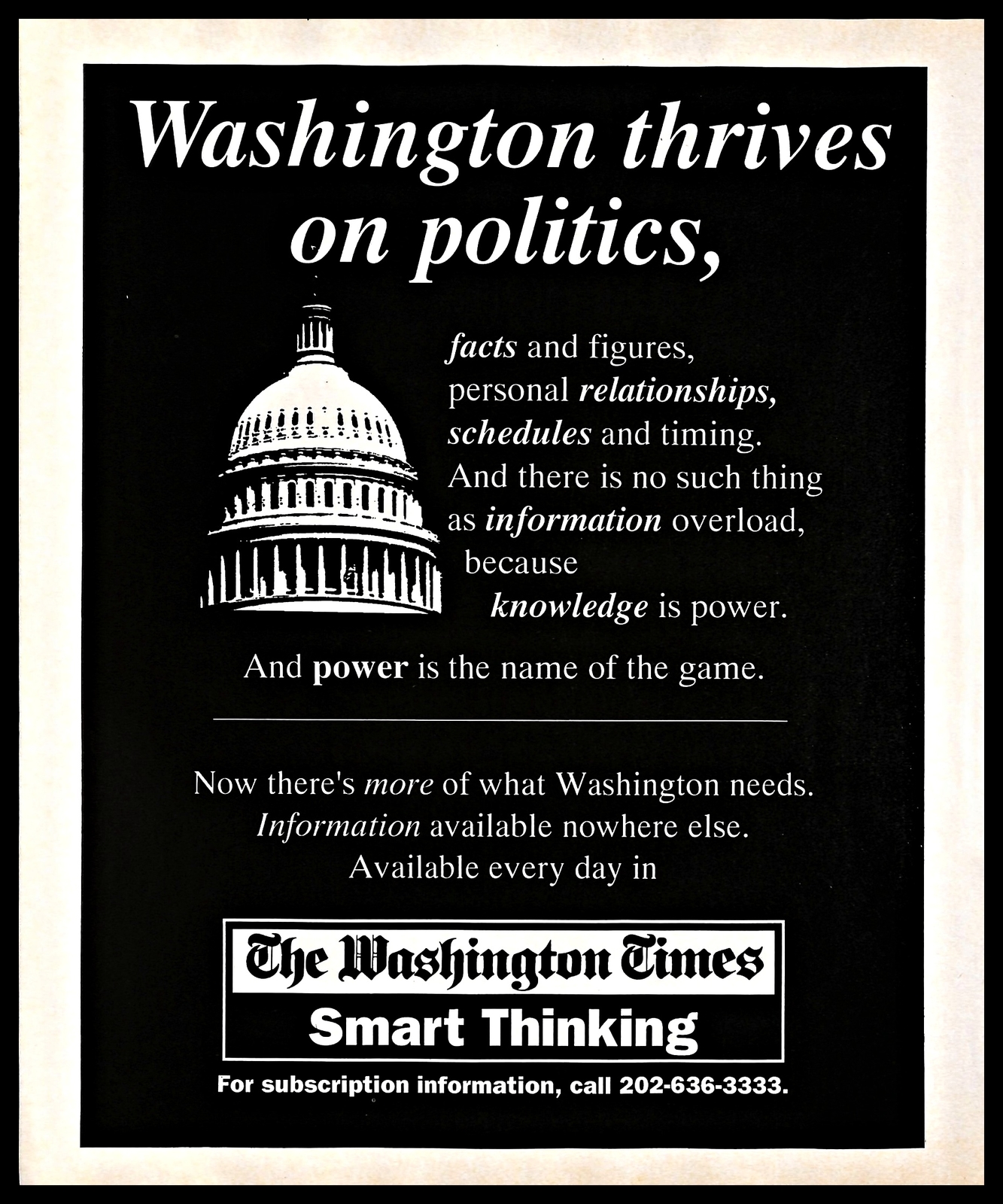 1993 The Washington Times Vintage PRINT AD D.C Newspaper Information B ...