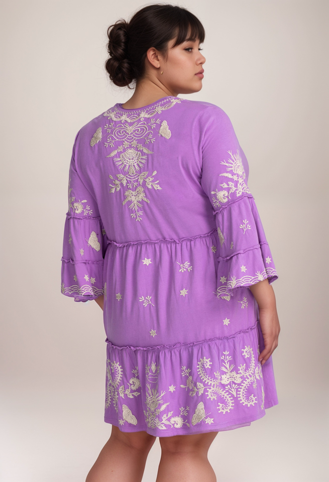 Johnny Was JWLA Purple Arzella Knit Embroidered Easy Tiered Dress Plus ...