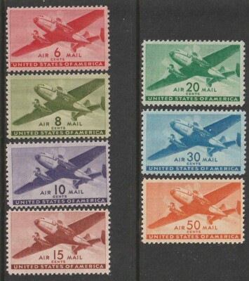 U.S. Sc. #C25-C31, MNH, 1941-44 Twin Motored Plane, Unwmk, Perf 11 x 10 ...