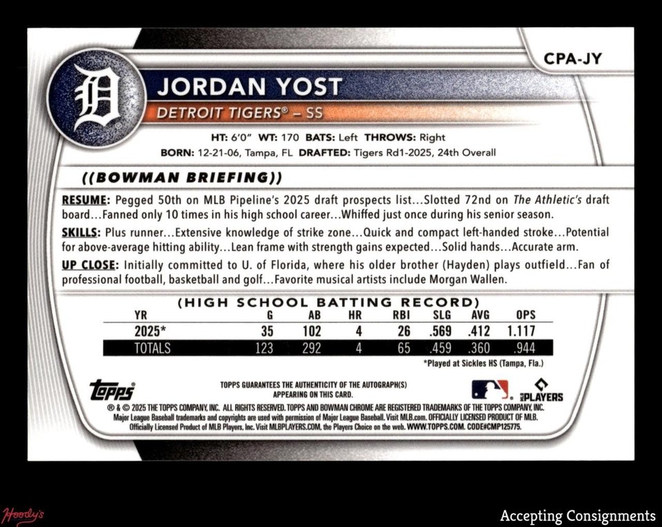 2025 Bowman Chrome Draft Orange Wave Refractor Jordan Yost 1st Rookie ...