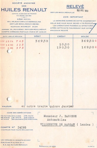 1933 FACTURE HUILES RENAULT ISSY LES MOULINEAUX - M.BARRERE A ...