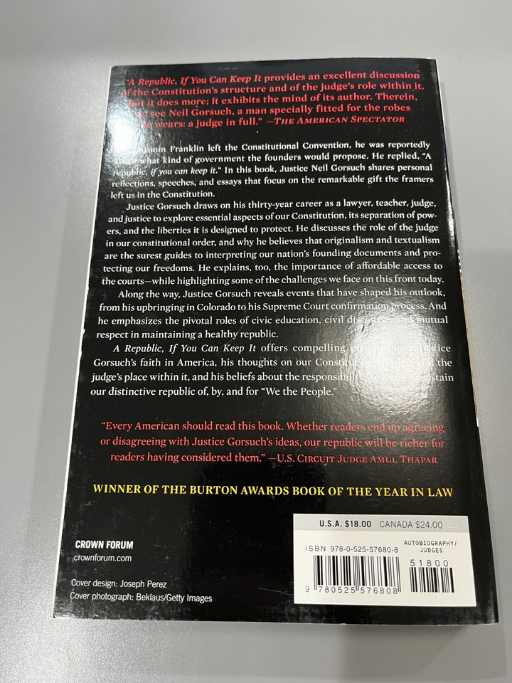 Neil Gorsuch Signed Autographed A Republic, If You Can Keep It ...