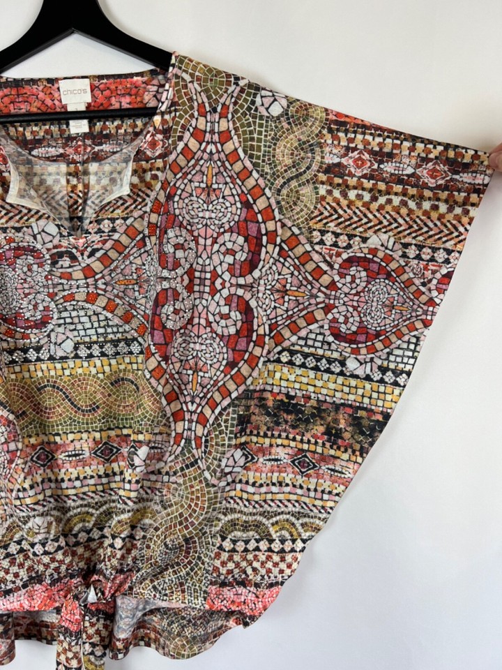 Chico's Red Beige Mosaic Ruffle S/S Bottom Tie Embellished Top Size 1 ...