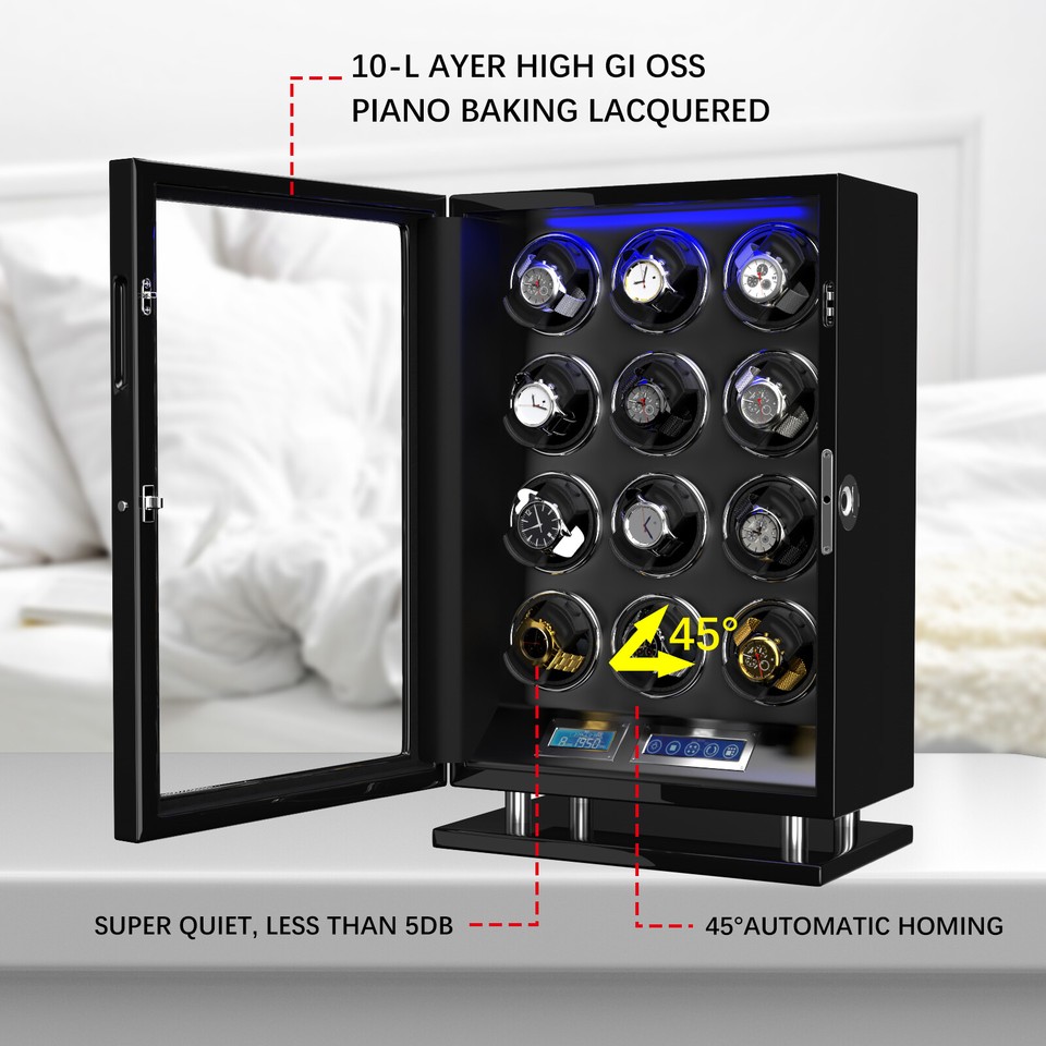 Automatic 3-12 Watch Winder Box Display Fingerprint Unlock LED LCD ...