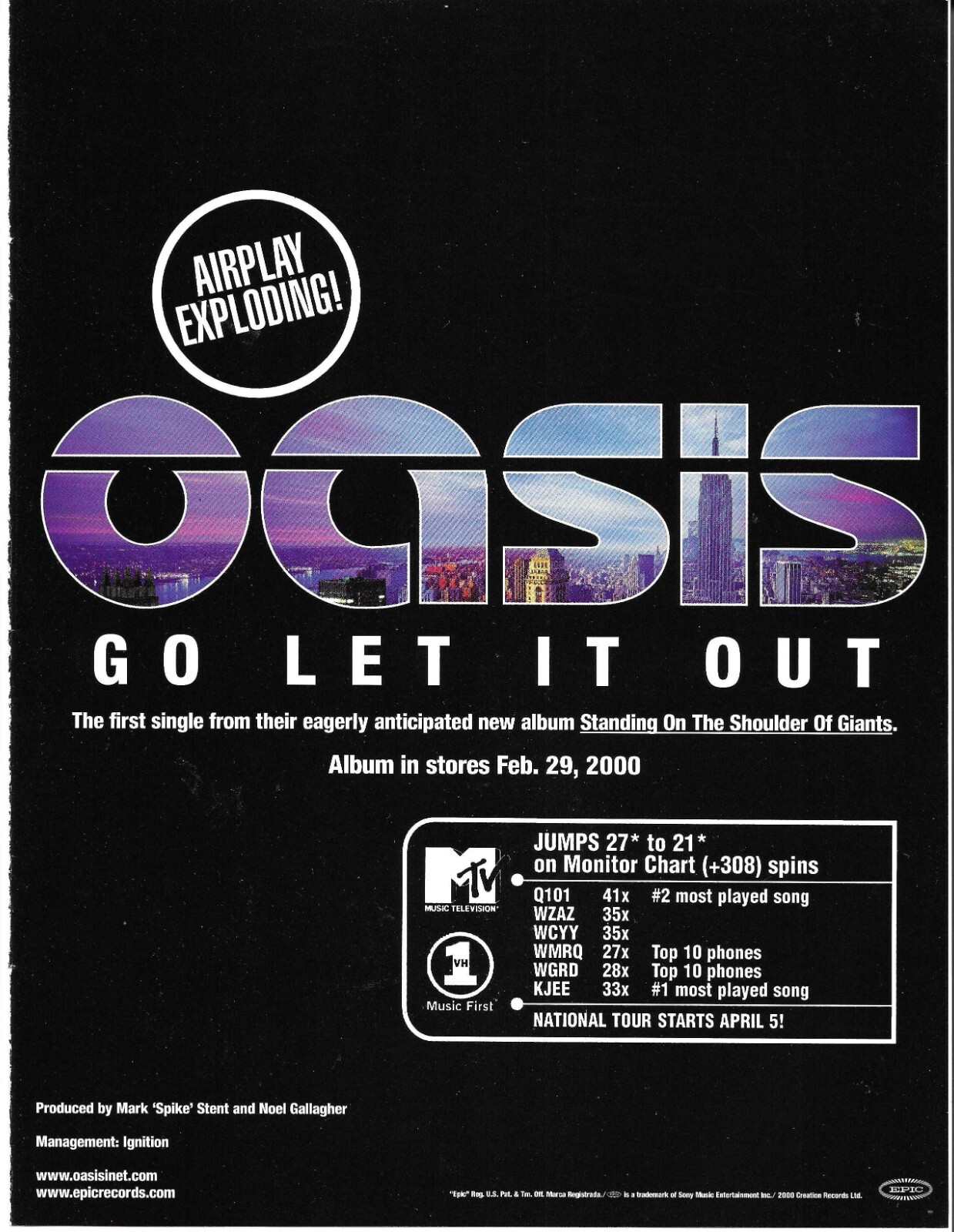 OASIS Rare VINTAGE Go Let 2000 PROMO TRADE AD Poster for Standing CD ...