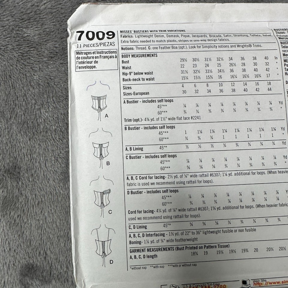 Simplicity 7009 Sewing Pattern Bustier Corset Top Size 12-18 Uncut Y2K ...