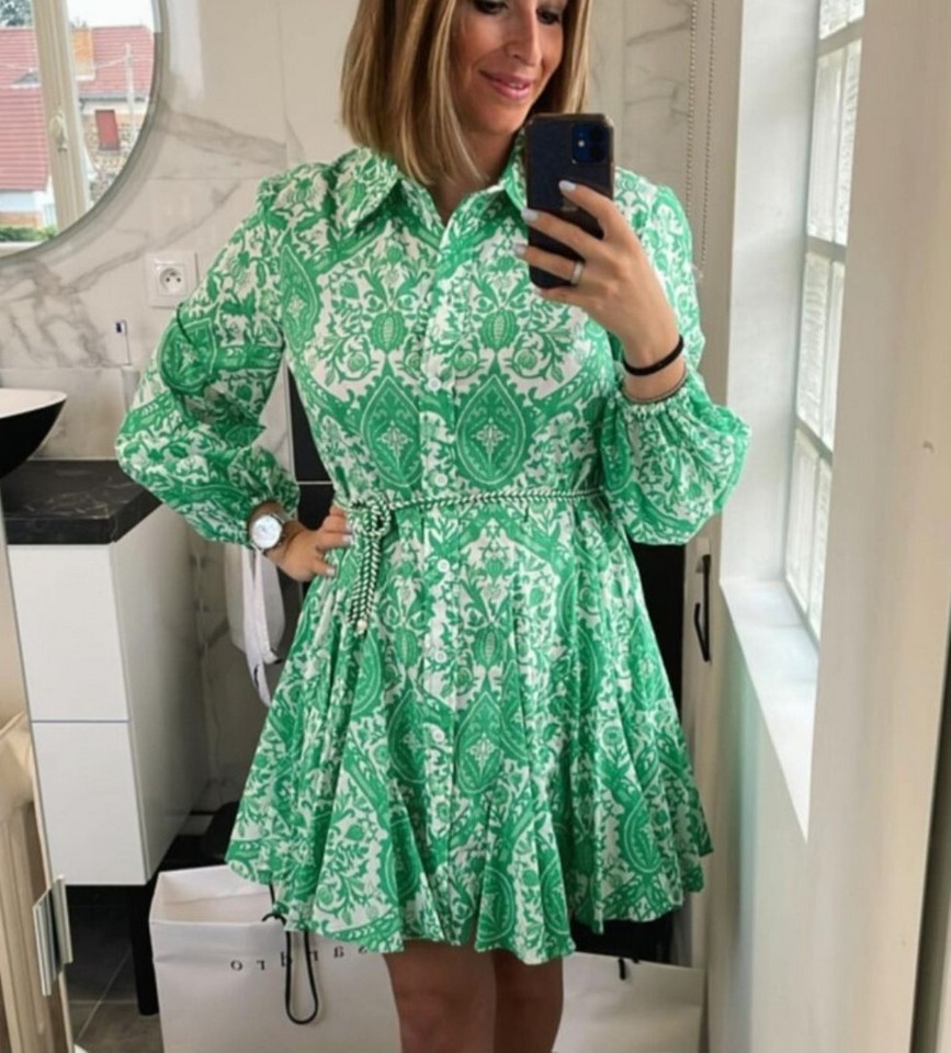 ZARA GREEN PAISLEY FLORAL PRINT MINI SHIRT DRESS VOLUMINOUS SKATER ...