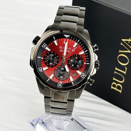 Bulova Marine Star 98B350 Chronograph Men's Quartz Watch Red Dial 43mm ...