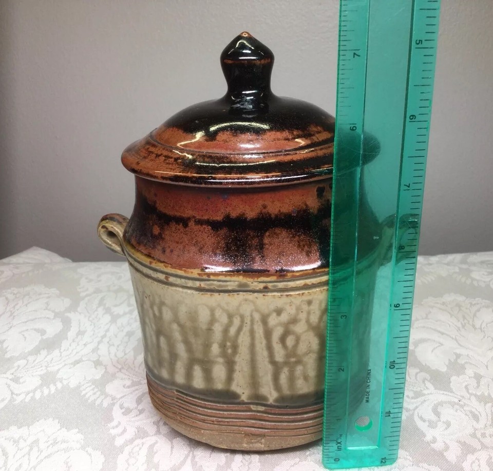 Pottery Stoneware Squared Dimple Wood Ash Glazed Round Lidded Jar ...