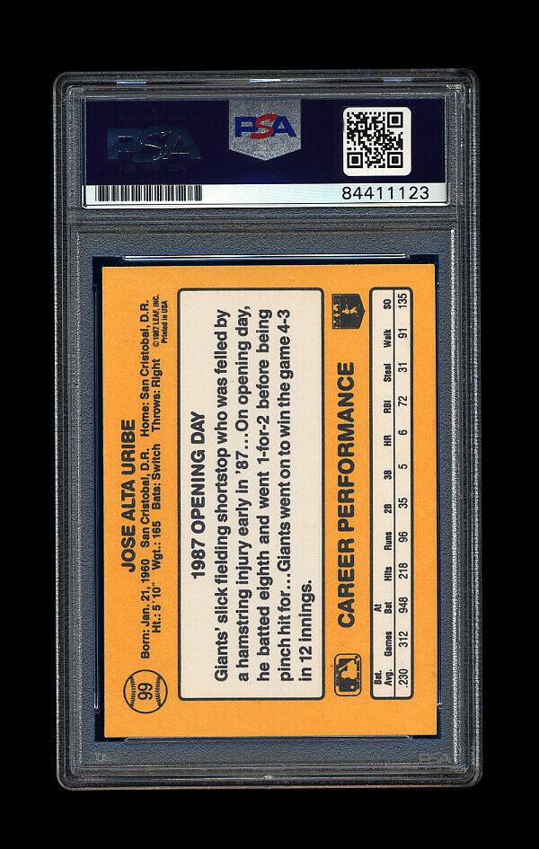JOSE URIBE SIGNED MINT 1987 DONRUSS OPENING DAY PSA/DNA AUTOGRAPHED ...