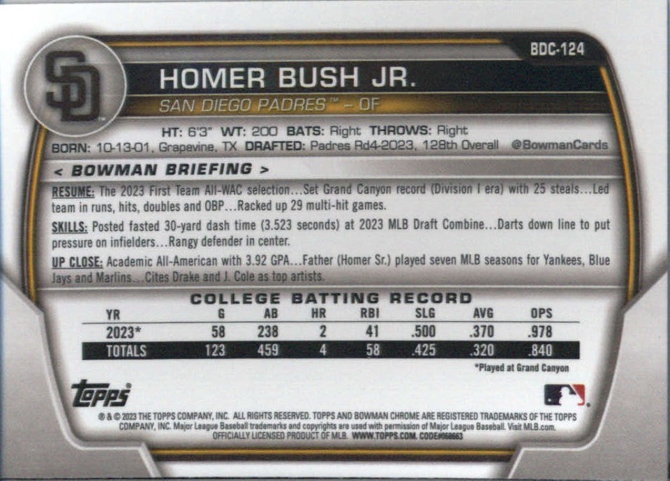 2023 Bowman Draft Chrome #BDC-124 Homer Bush Jr. San Diego Padres | eBay