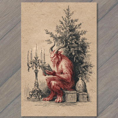 POSTCARD Red Devil Reading Beside Candles Christmas Tree Gothic Holiday ...