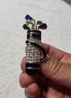 Vtg Silver tone Golf Bag / Golf Club Brooch Pin w/ Multi color Stones ...