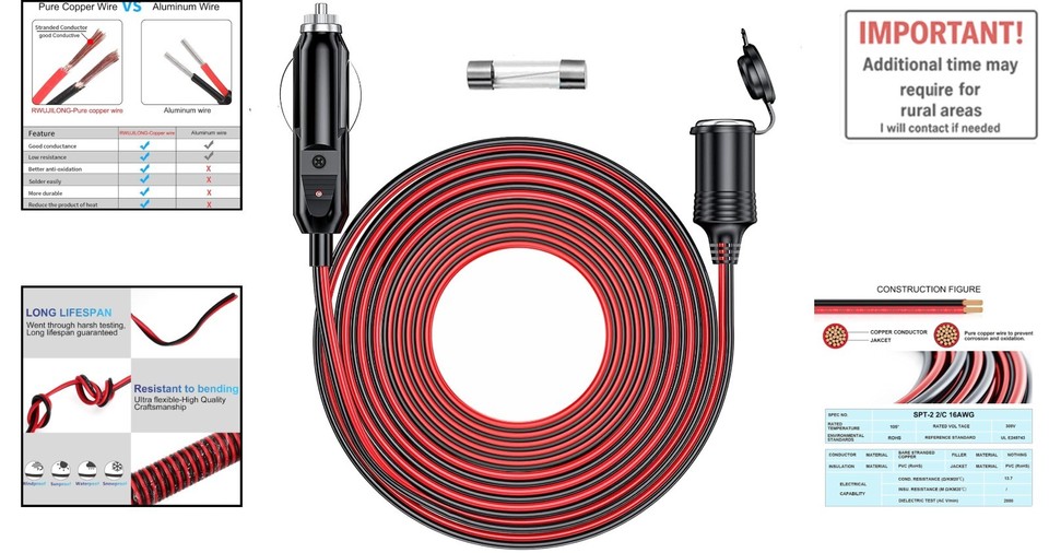 16AWG 26FT Cigarette Lighter Extension Cord with Waterproof Cap & LED ...